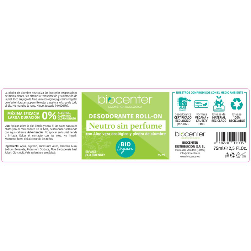 Desodorante Bio Roll-on Neutro sin perfume de Biocenter en Idun Nature ...
