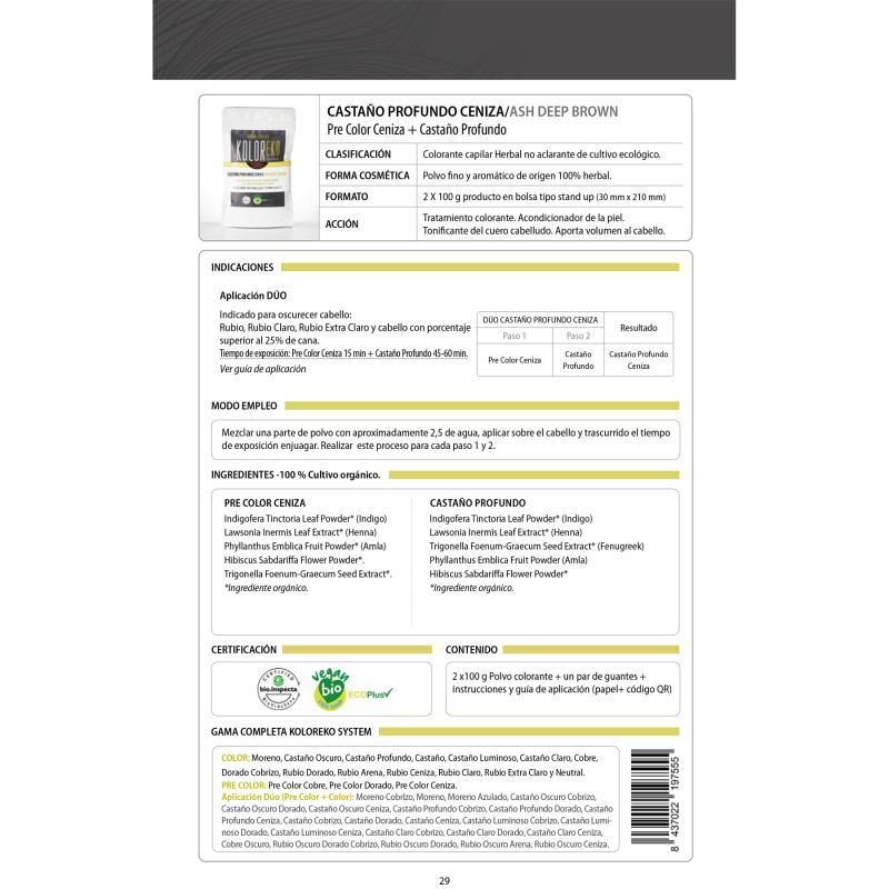 Tinte herbal de aplicación en dos fases Castaño Profundo Ceniza de ...